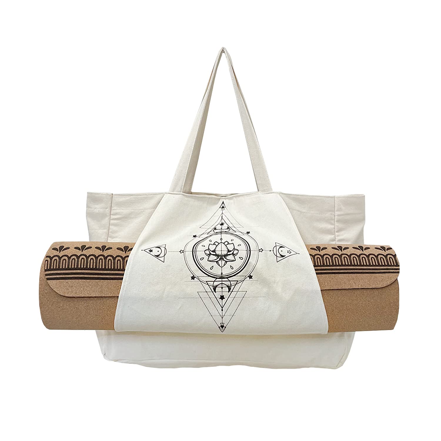 Burro Chakra Themed Yoga Mat Cotton Tote Bag with Mat Carrier Pocket Extra Pocket Inside (YB105 IVORY)