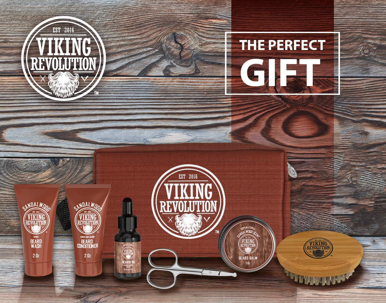 Beard Care Kit for Men Gift- Beard Grooming Kit Contains Travel Size Beard Oil, Beard Balm, Beard Shampoo & Conditioner, Beard Brush and Grooming Scissors - Includes Travel Case (Sandalwood)