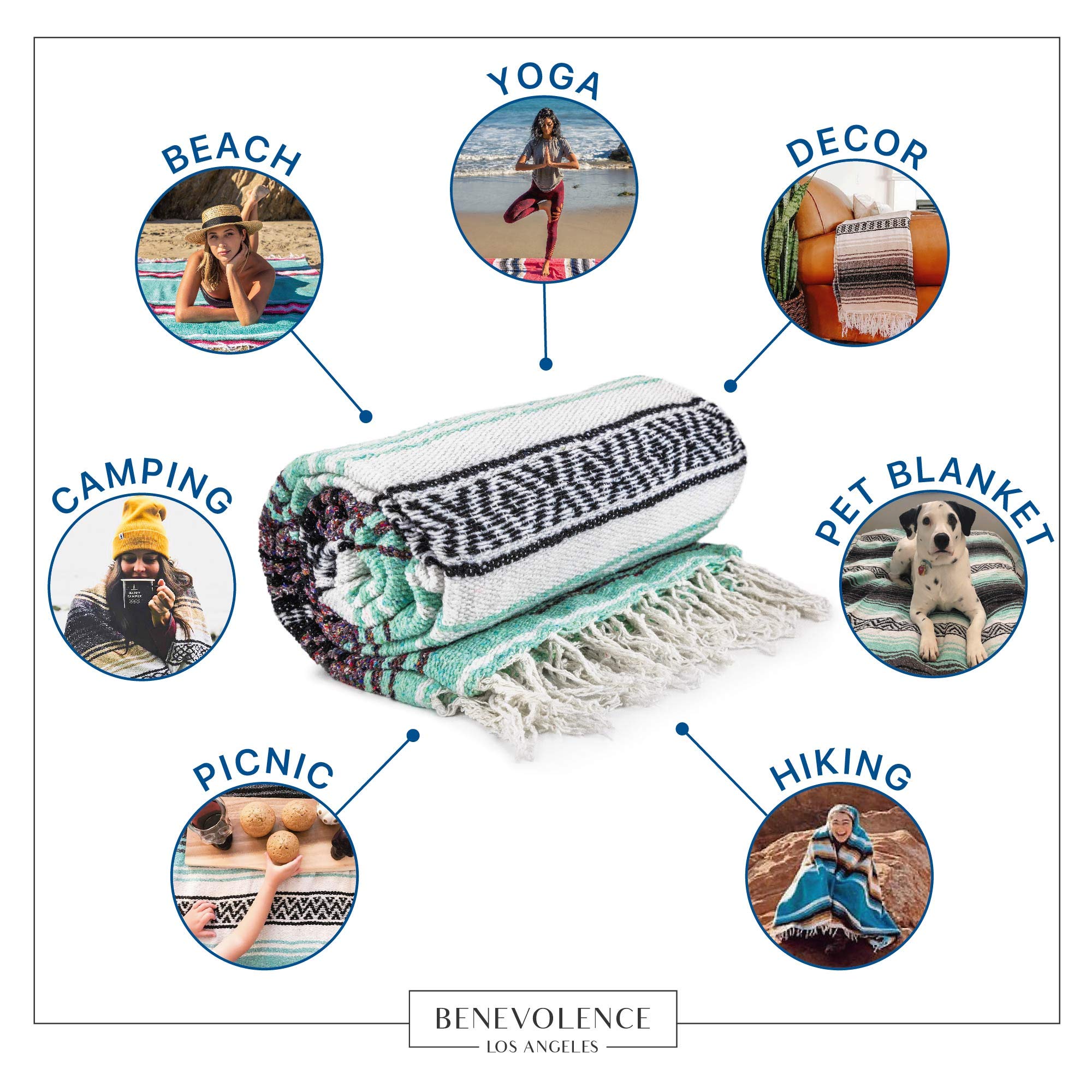 Benevolence LA Authentic Handwoven Mexican Blanket, Yoga Blanket - Perfect Outdoor Picnic Blanket, Camping Blanket, Equestrian Saddle Blanket, Serape Blanket 50x70 inches - Mint, Pack of 1