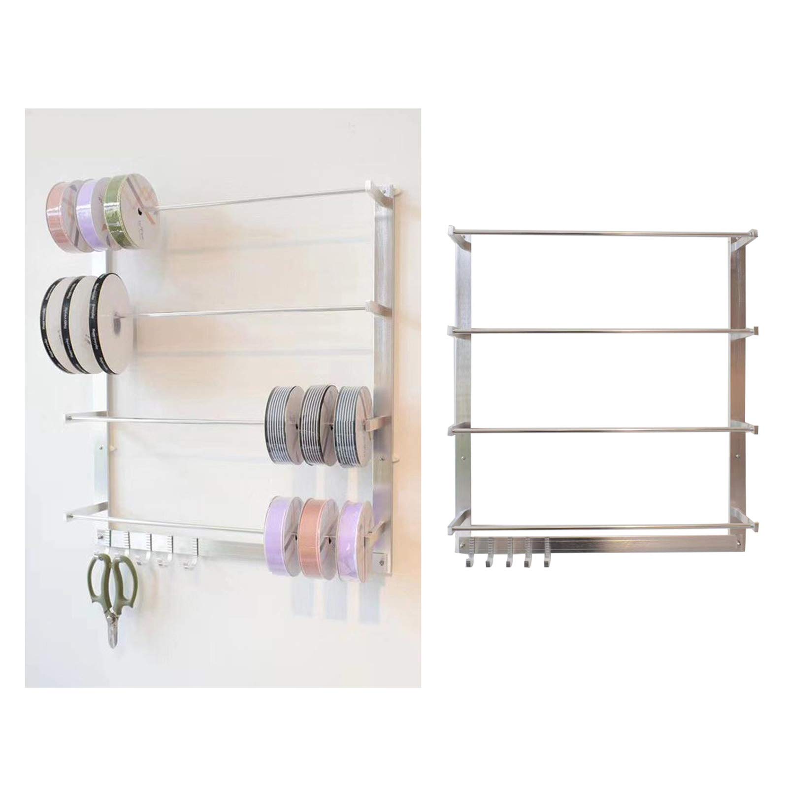 harayaa Wire Spool Rack with 4 Rods, Wall-Mounted Steel Thread Holder Ribbons Organizer with Hanging Tools for Organize Sewing Embroidery Thread, Silver, 60x53cm