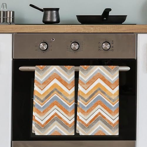 Beisseid Kitchen Dish Towels Orange Grey Chevron Dish Cloth Fingertip Hand Towels Geometric Design Stripe Super Absorbent Soft Cotton Tea Towel 3 PCS