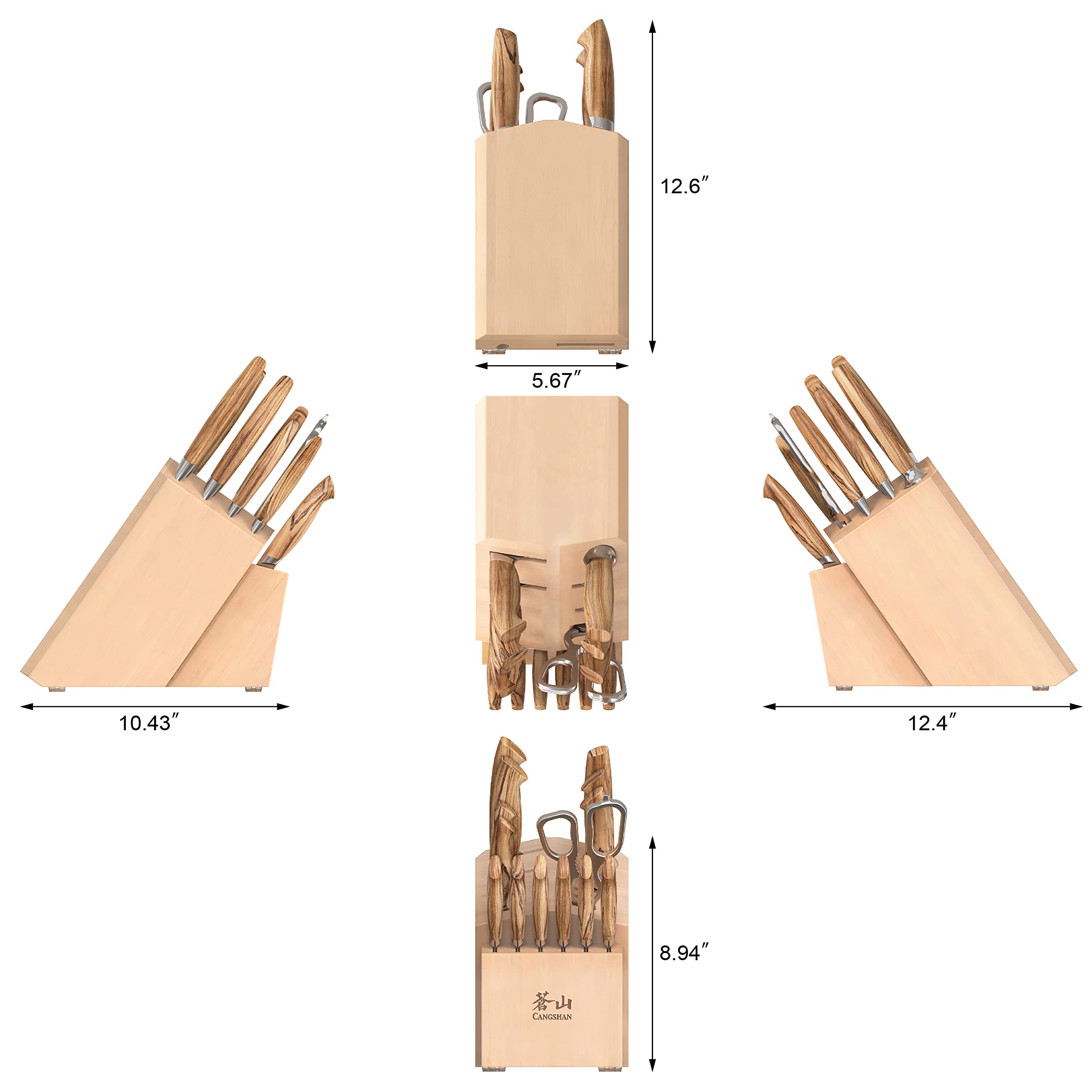 Cangshan OLIV Series 15-Piece Knife Block Set, Forged Swedish 14C28N Steel, Maple Block, 501691