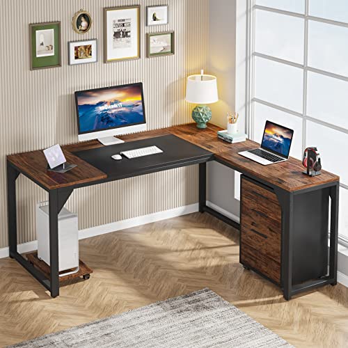 Tribesigns 63" L-Shaped Computer Desk with Mobile File Cabinet, Large Executive Office Desk with 3-Drawer Vertical Filing Cabinet, Business Furniture Sets for Home Office