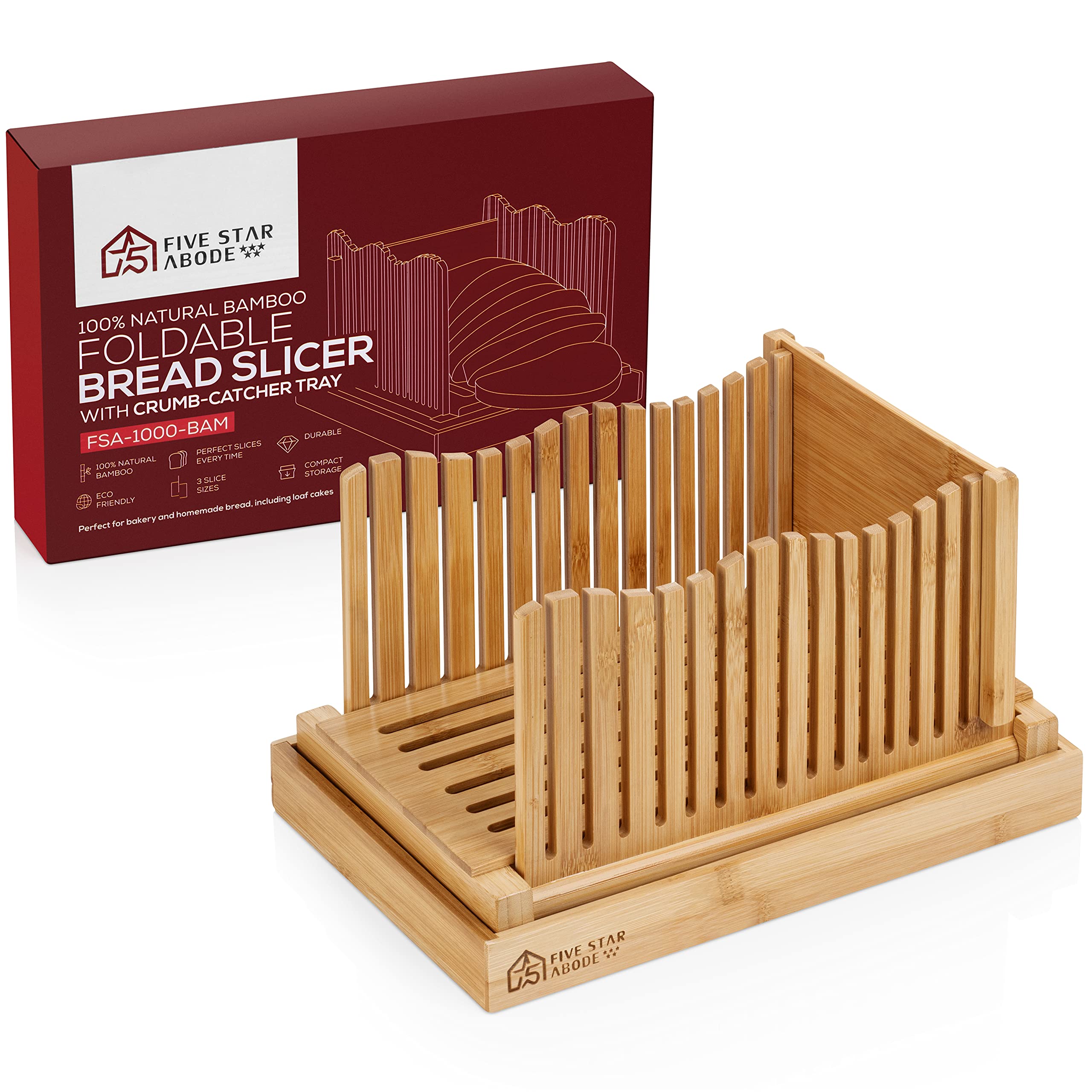 Bamboo Bread Slicer Guide With Crumb Catcher And Serving Tray - 3 Slice Sizes - Adjustable - Perfect For Homemade Bread, Loaf Cakes, Bagels - Foldable For Compact Storage - Slicing - Cutting