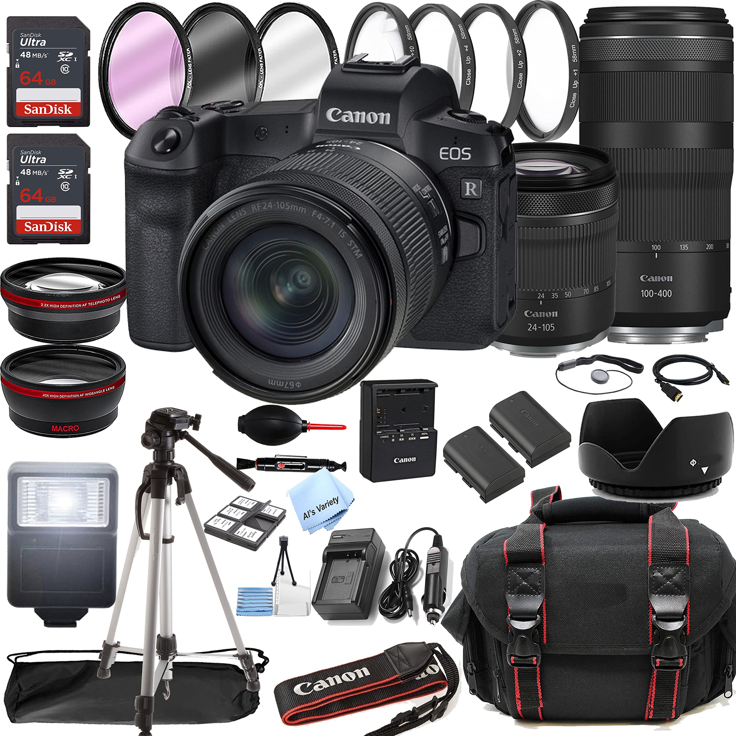 Canon EOS R Mirrorless Digital Camera with RF 24-105mm f/4-7.1 STM Lens + RF 100-400mm is USM Lens + 128GB Memory + Case + Tripod + Filters (41pc Bundle)
