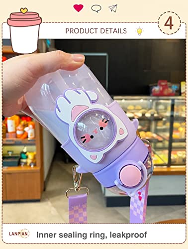 Kawaii Water Bottle with Straw and Strap Portable Water Jug Cute Aesthetic Drinking Cup for Outdoor Back to School, 24oz (Pink Bunny)