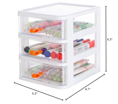 Gagee 3 Drawer Mini Desktop Unit,Plastic dressers with drawers for Arts and Crafts, Small Tools, Sewing Accessories, Stationary, and Hardware,Clear/White Frame