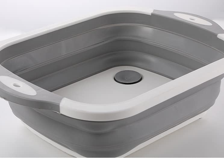 Collapsible Cutting Board with Wash Basin and Drainage Hole; BBQ Prep Tub and Camping Cutting Board; Space-Saving Collapsible Camping Dish Tub Sink RV and Camper Kitchen Must Have Accessory Grey