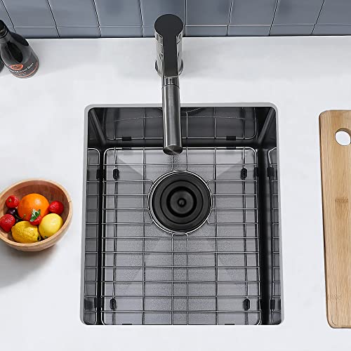 Comllen 15 x 17 inch Black Bar Sink Undermount,Black Stainless Steel Wet Bar Prep Sink Small Kitchen Sink Single Bowl RV Sink with Bottom Grid and Strainer-KYL001B