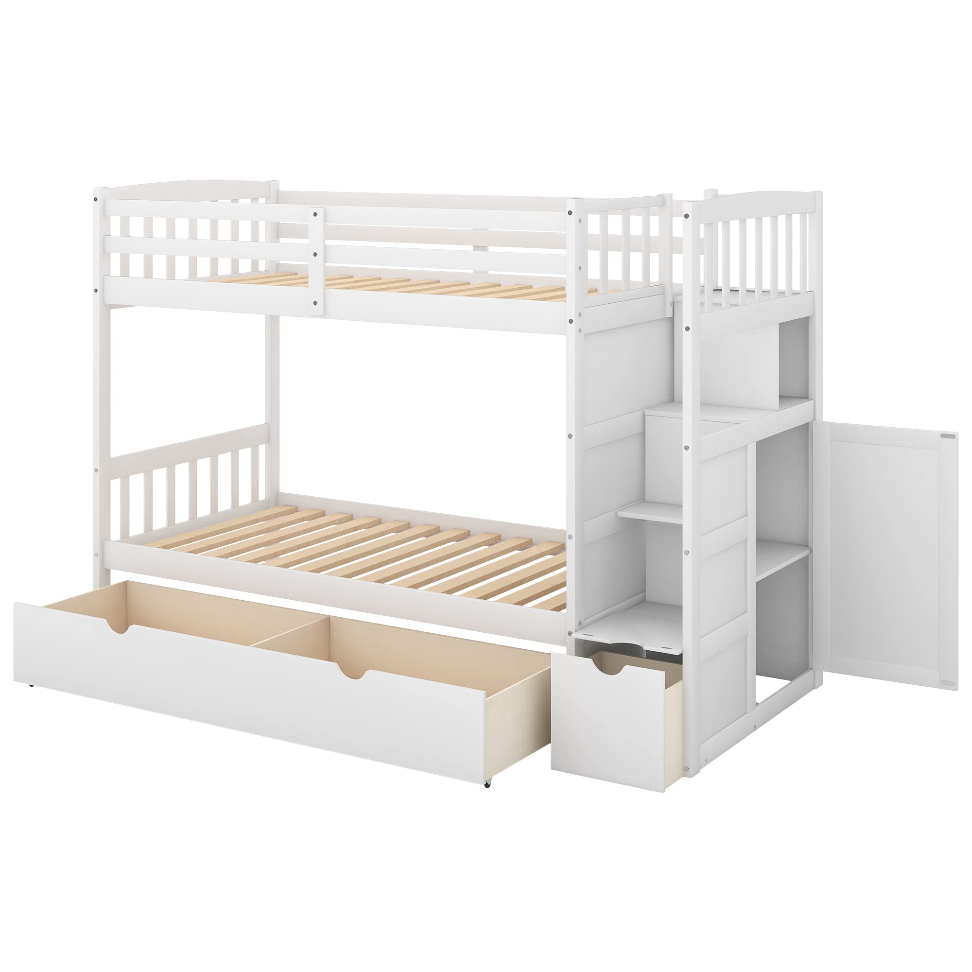 Harper & Bright Designs Twin Over Full/Twin Bunk Bed with 3 Drawers, 4 Storage and Cabinet Door, Twin-Over-Full Convertible Bottom Bed for Bedroom, Dorm, for Family, Kids, Teens, No Box Spring Needed