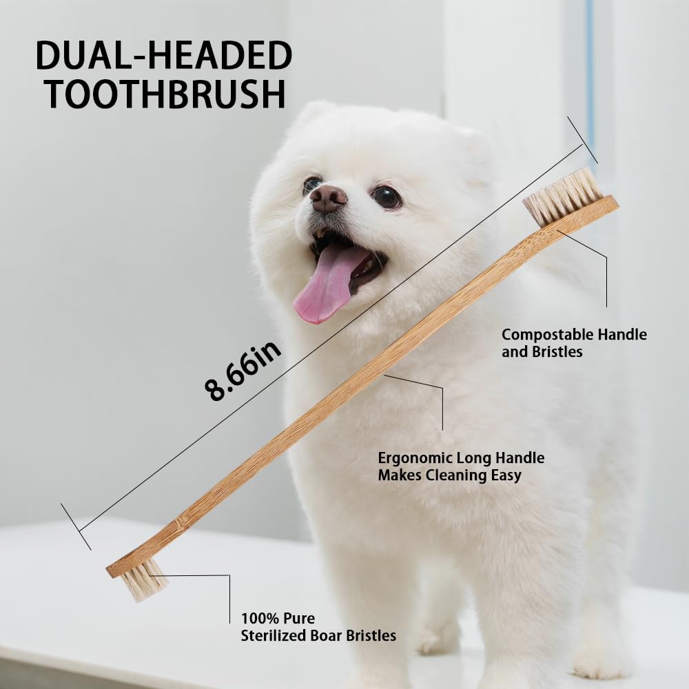 Gaia Guy Bamboo and Boar Bristle Double-Sided Pet Toothbrushes - 6-Pack - for Dogs, Cats and Planet - Plastic-Free and Nylon-Free Natural Bristles - No Microplastics