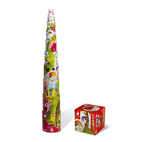 Janod Magic Tree Round Stacking Pyramid Toy β Nested Cube Set in Carrying Case β 10 Blocks Stack to Almost 3' Tall to Create A Magical Beanstalk β Great for Learning Tocount Numbers β Ages 1+