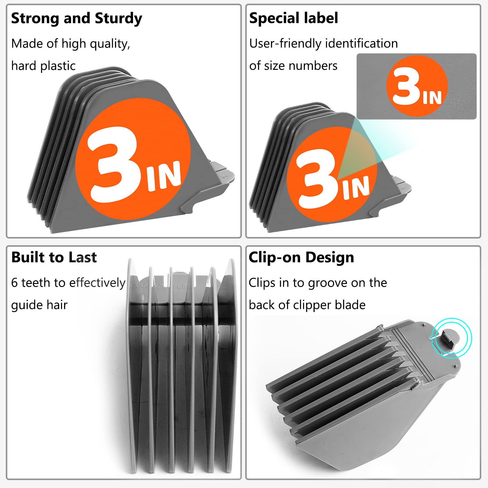 Mega Hair Clipper Guards, Extra Long 3 Inch Hair Clipper Guide Combs Large Guide Comb Set 3β, 2.75β, 2.5β, 2.25", 2", 1.75", 1.5", 1.25" Fits Most Wahl Full Size Hair Clippers