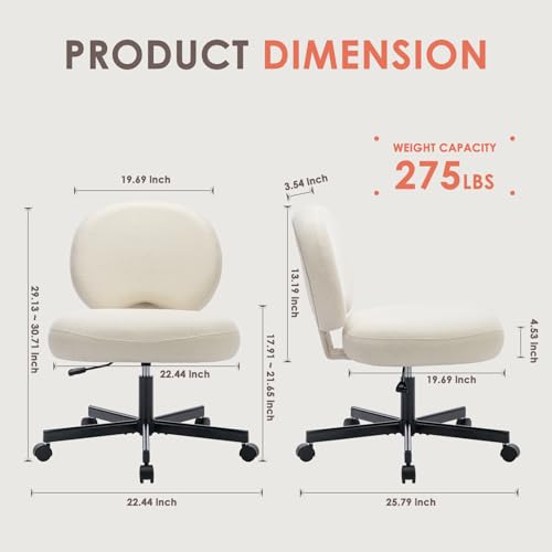 Criss Cross Chair with Wheels-Armless Cross Legged Desk Chair with Adjustable Height, Ergonomic Swivel Vanity Chair Mid Back Computer Home Office Task Chair for Small Space/Bedroom/Study-Beige