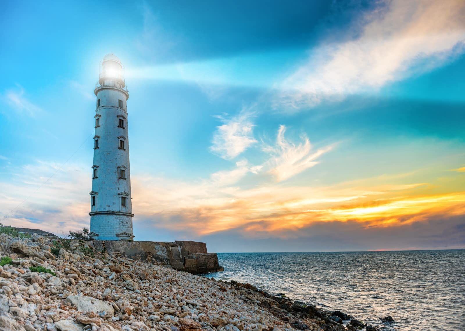 BELECO 7x5ft Fabric Seaside Lighthouse Backdrop for Photography Lighthouse Searchlight Beam Sunset Seascape Scenery Background Nautical Party Decorations Studio Booth Photo Props