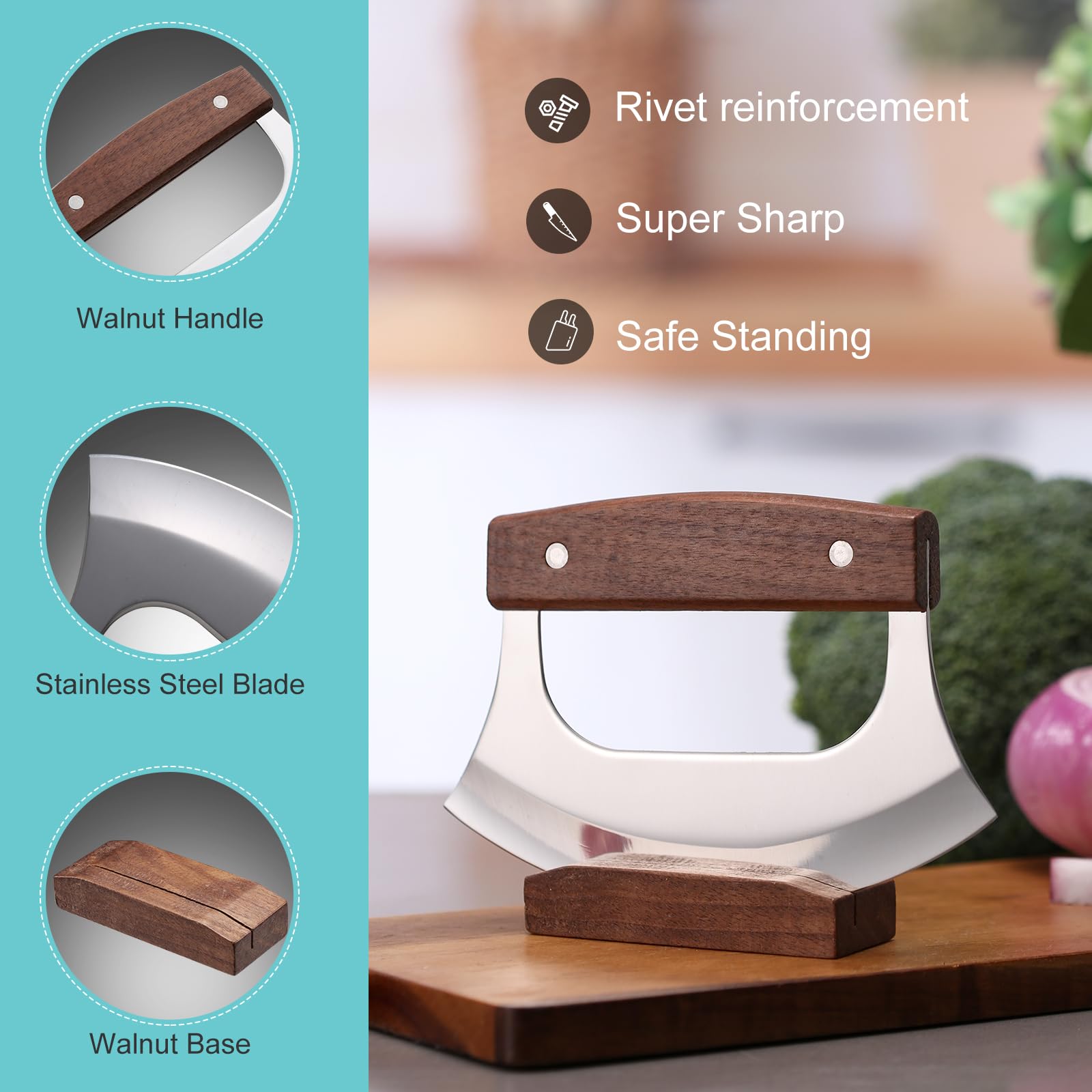 Coowolf Ulu Knife Alaska Pizza Cutter Rocker Knife Mezzaluna Knife with Base, Classic Walnutwood and Sharp Stainless Steel Blades, Ideal for Chopping Herbs or Salads- Essential Kitchen Knives