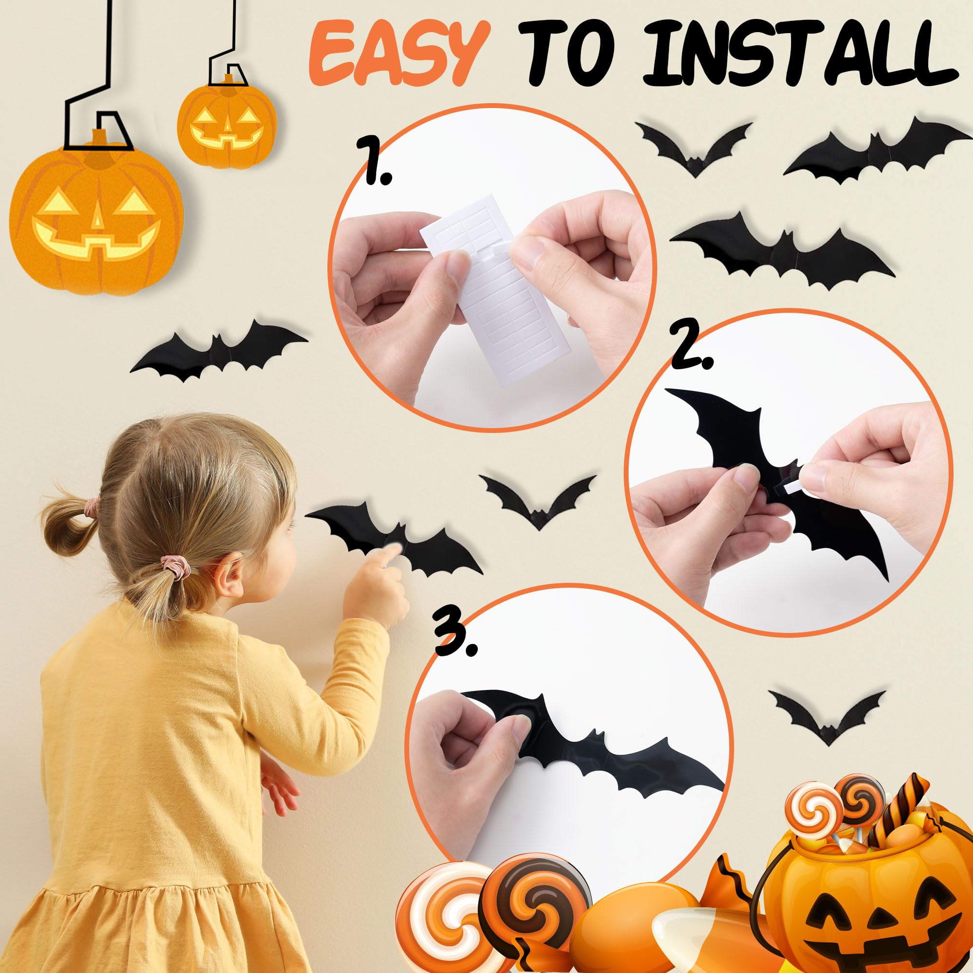 DMIGHT Halloween Decorations Indoor Set, Paper Lanterns & fans, Halloween Fireplace Mantel Scarf, Spiderweb Tab Runner, Halloween Banner, 60 Pcs Scary 3D Bat Sticker, Halloween Party Spooky Home Decor