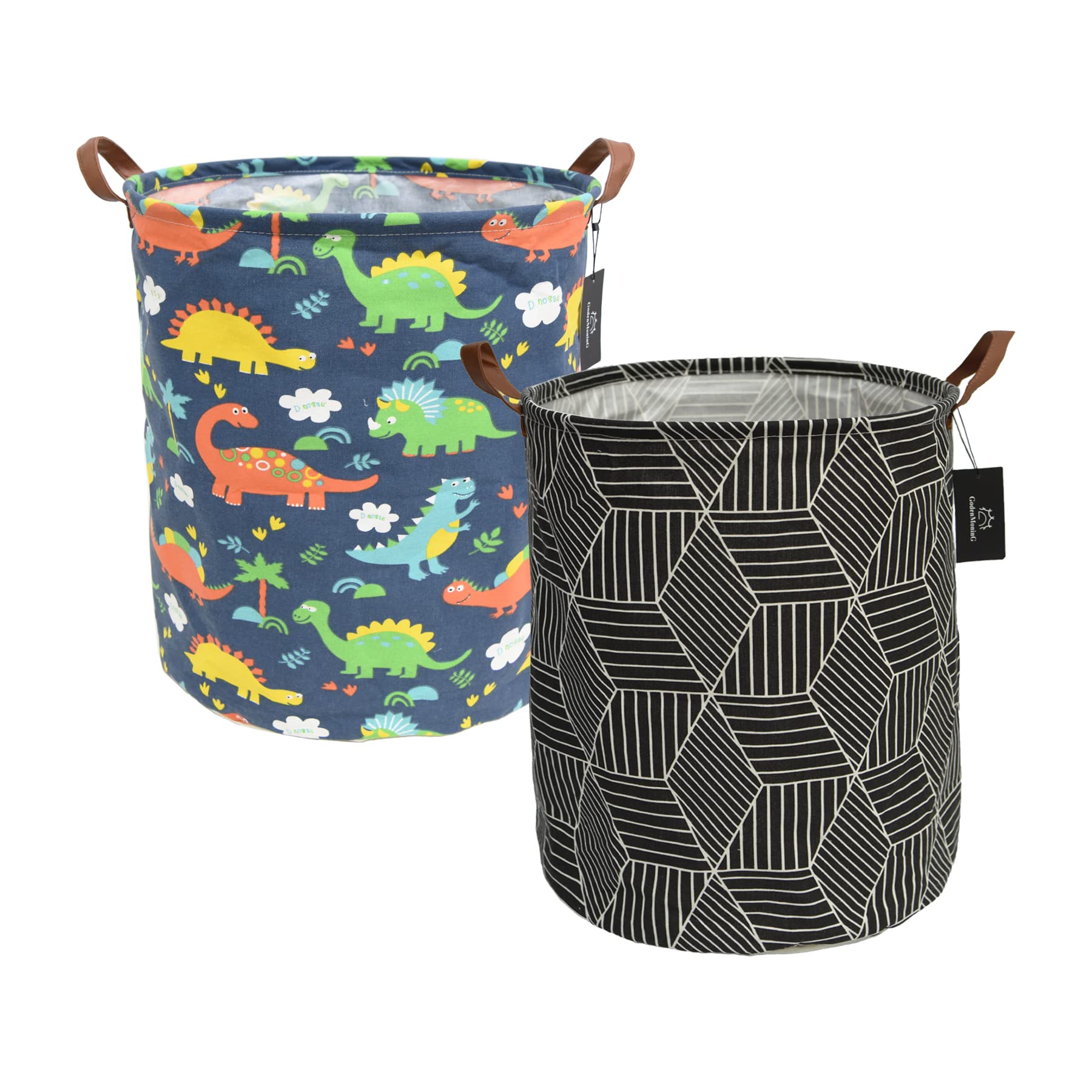 Collapsible Laundry Basket - GodenMoninG 2X 62.8L Large Sized Round Waterproof Storage Bin with Leather Handles,Home Decor,Toy Organizer,Children Nursery Hamper.(2 PACKS,Pine Tree & Grey Avocado)