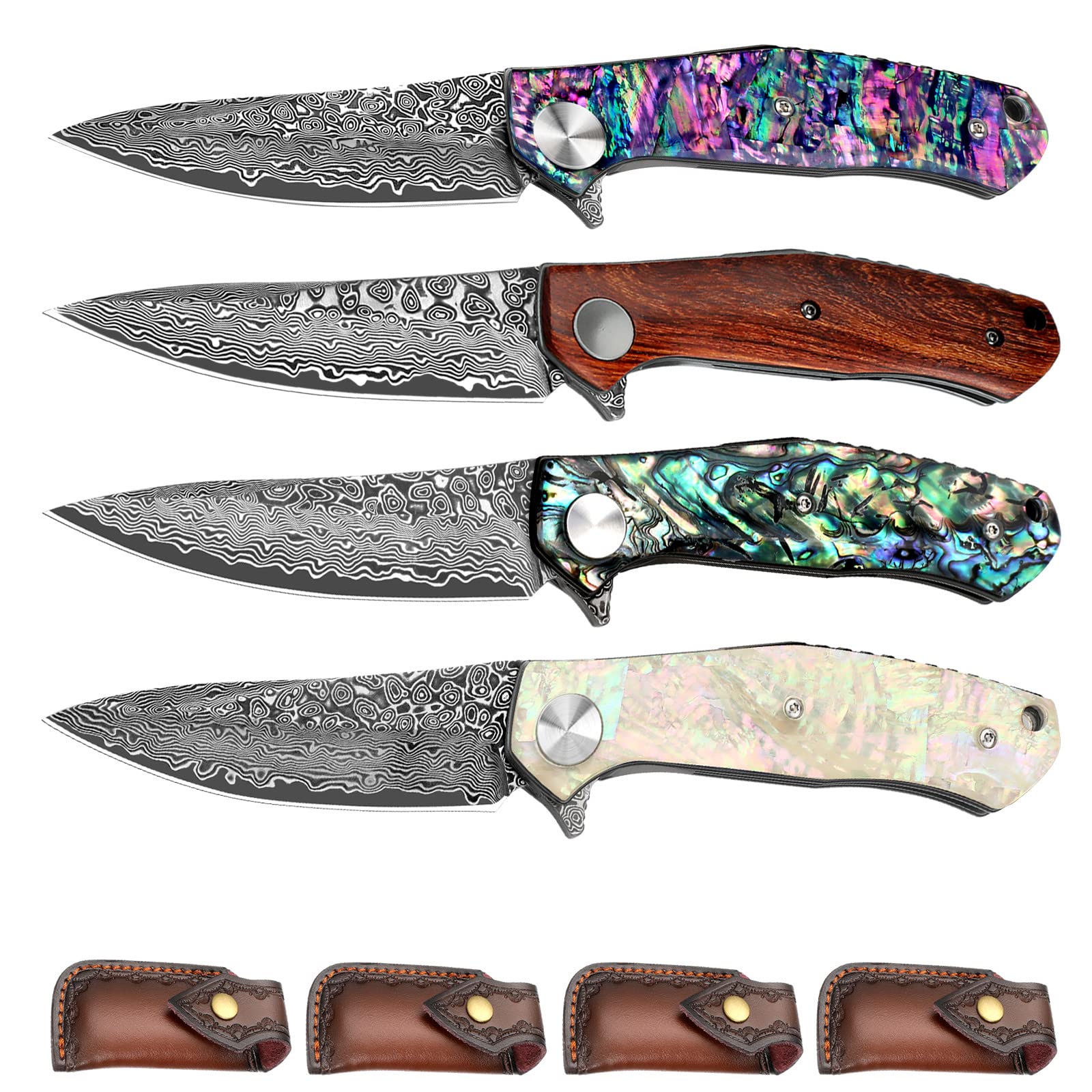 Benkey VG10 Damascus Abalone Seashells Pocket Knife 3 Pack and VG10 Damascus Natural Wood Pocket Knife Bundles