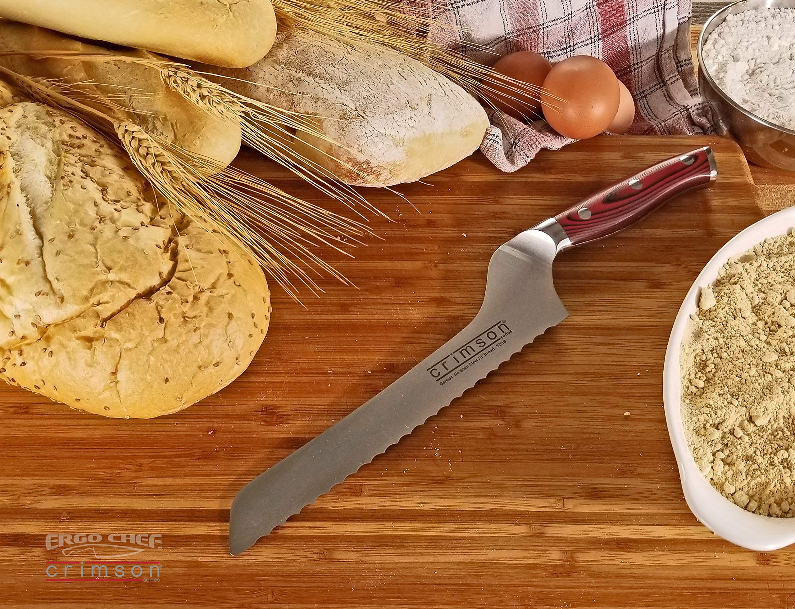 Ergo Chef Crimson Series Serrated Offset Bread & Deli Knife, 8-inch - Forged German X50CrMoV15 High-Carbon Stainless Steel - G10 Handle