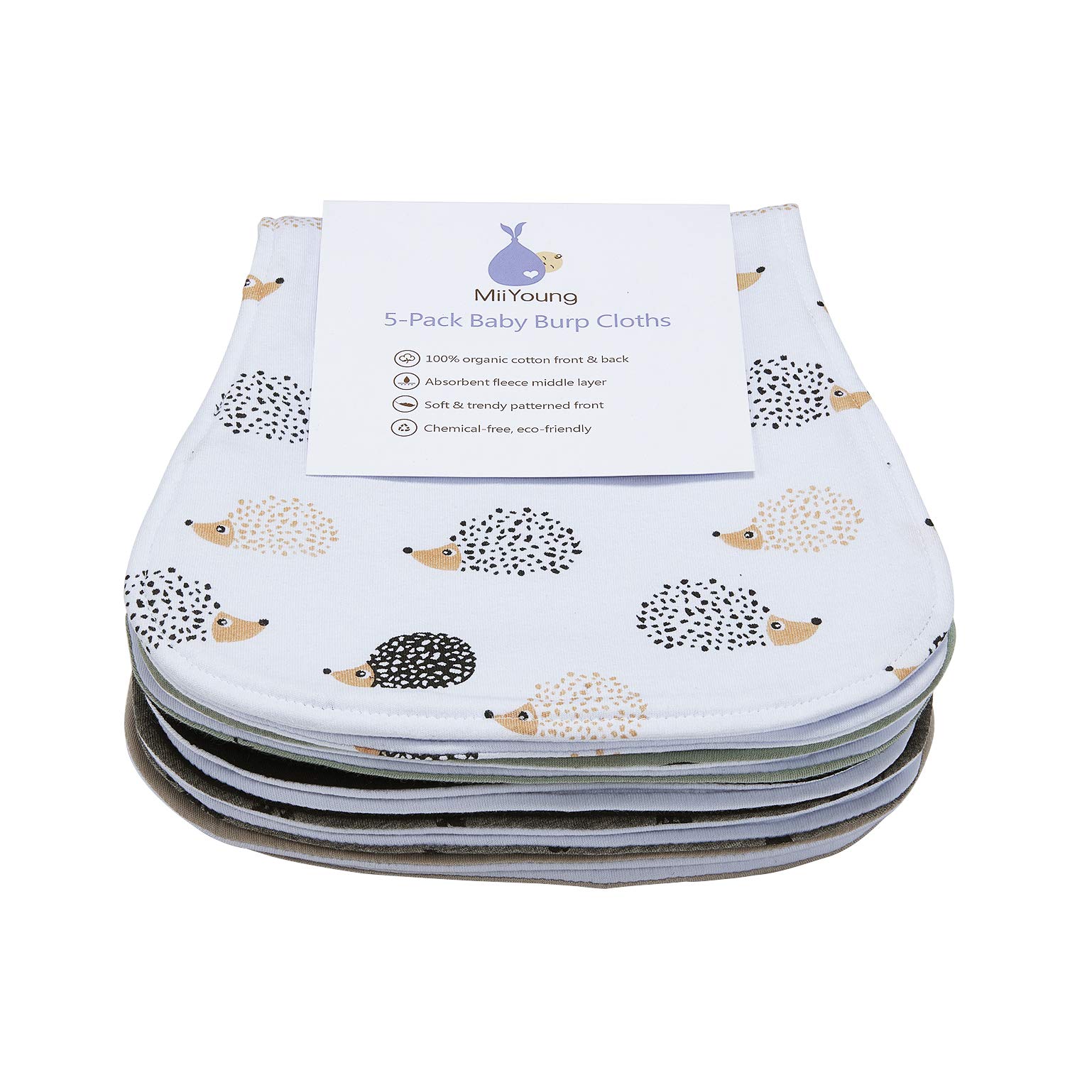 MiiYoung 5-Pack Baby Burp Cloths for Boys, Triple Layer, Organic Cotton, Soft and Absorbent Towel, Burping Rags for Newborns Set