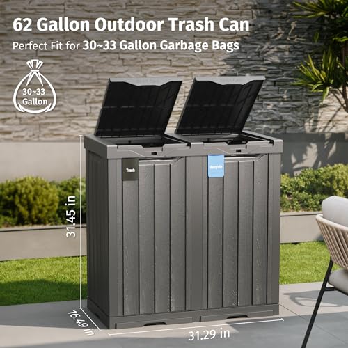 EAST OAK 62 Gallon Outdoor Trash Can, Waterproof Resin Garbage Can with Garbage Sorting Boards, Lid and Tray, Outdoor Waste Bin for Patio, Kitchen, Backyard, Deck, Gray