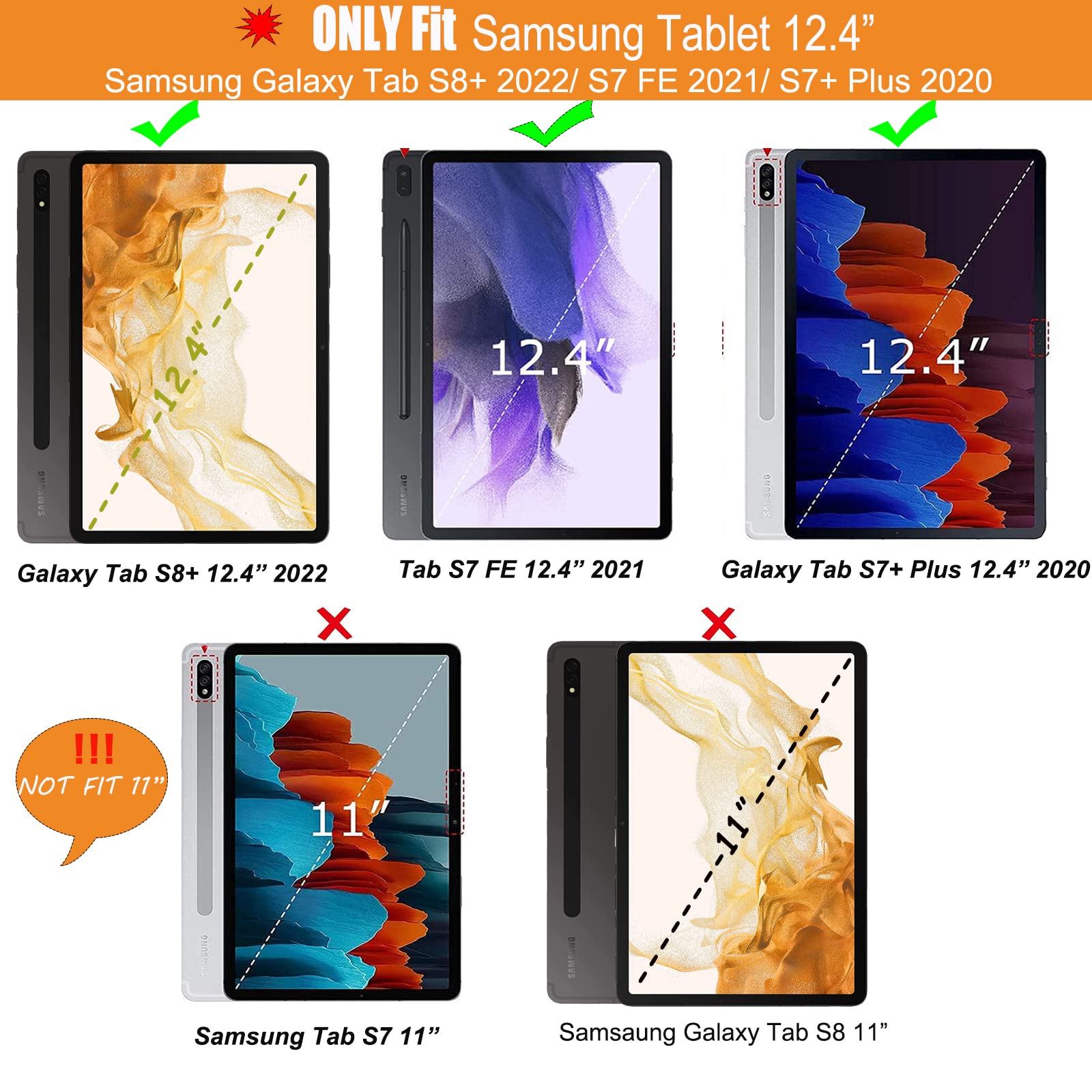 For Samsung Galaxy Tab S7 FE / S7 Plus /S8+ 12.4 inch Case with Keyboard - Smart Detachable Wireless Touchpad Tablet Keyboard Cover - Tab S7 FE 2021/ S7+ 2020/S8+ Keyboard Case with S Pen Holder Black