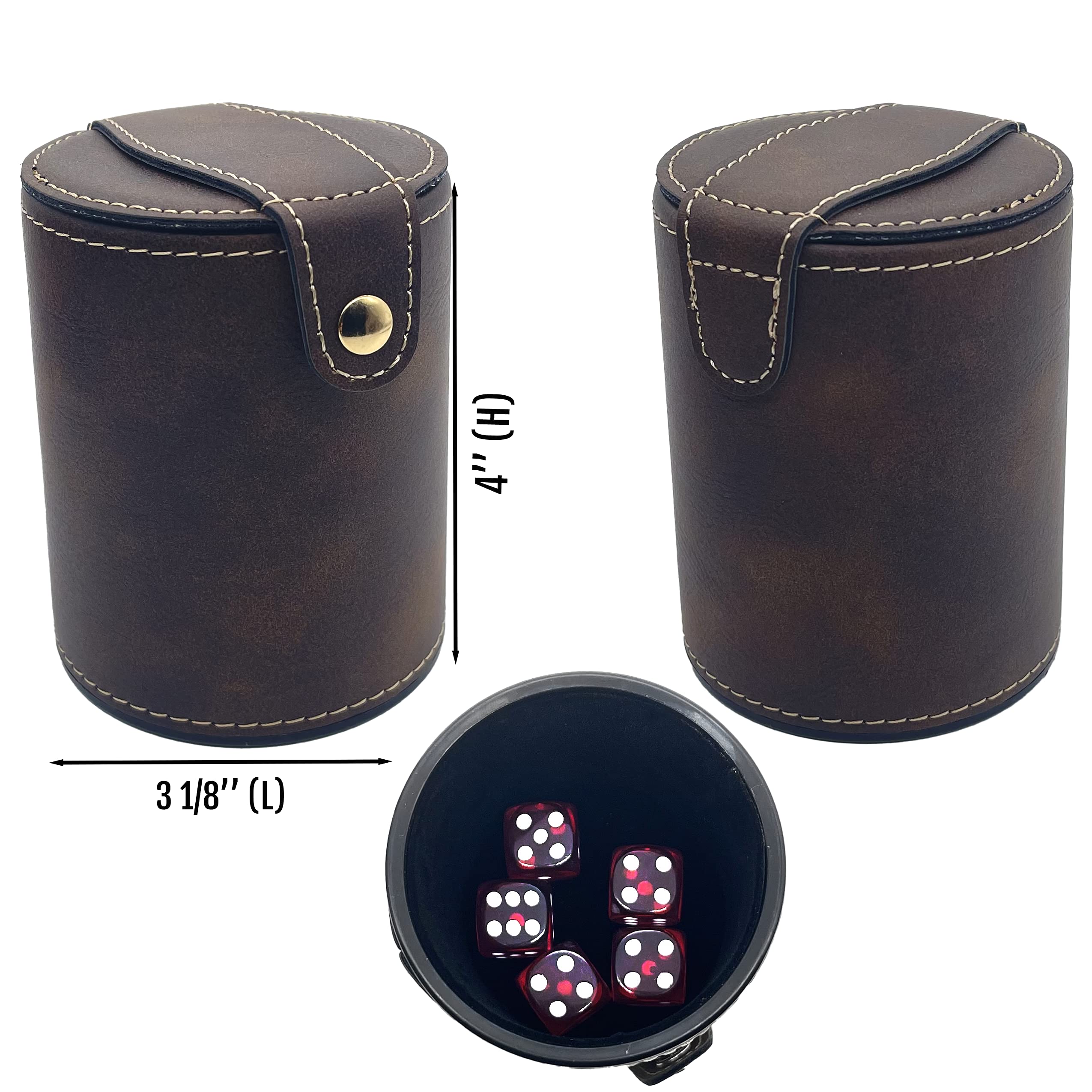 Personalized Set of Dice Cup with Storage Compartment Customized PU Leather Dice Cup with 5 Red Dice Custom Gift (Rustic/Gold)
