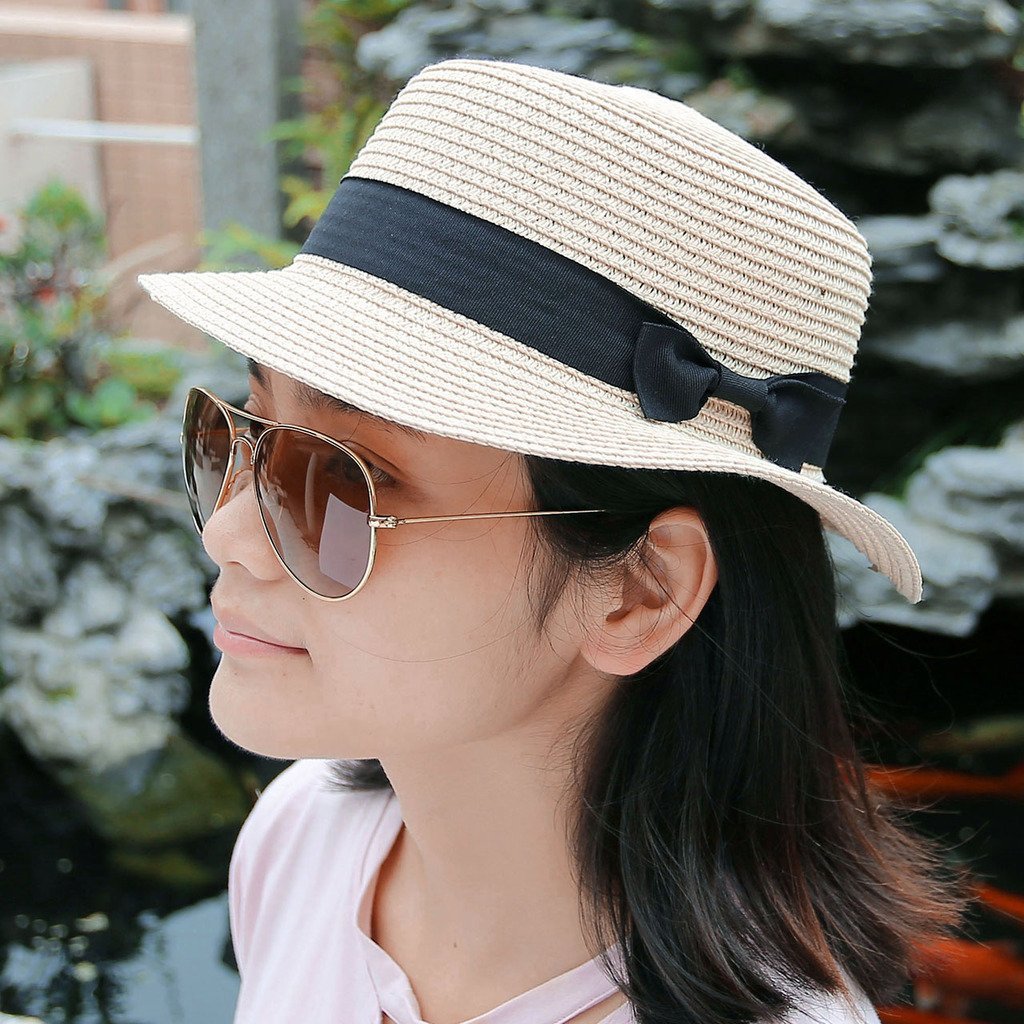 Ayliss Women Bowknot Straw Hat Summer Fedoras Boater Sun Hat,Light Khaki