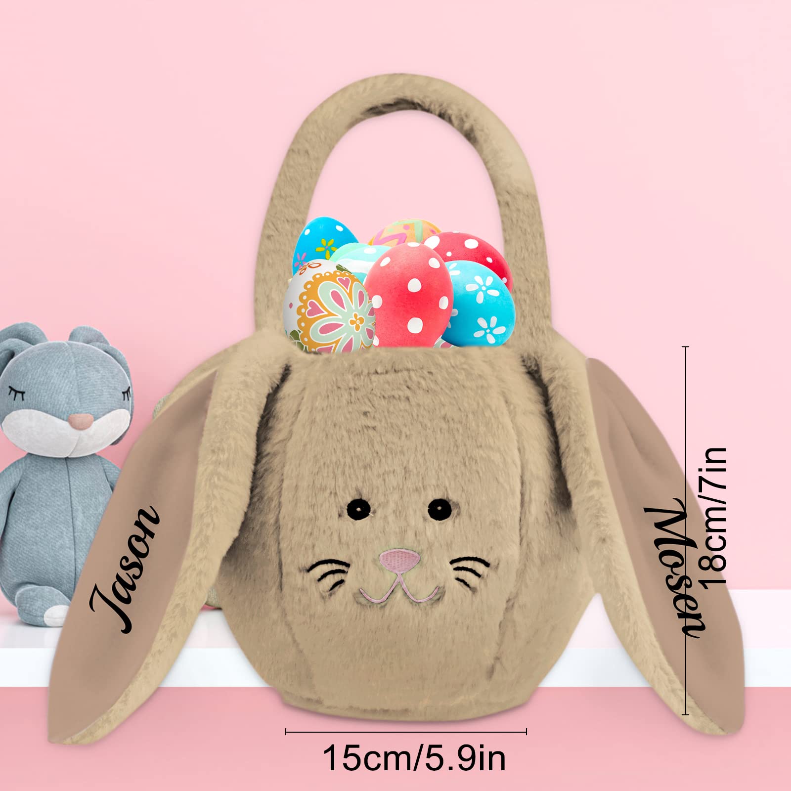 Easter Bunny Basket Egg Bags for Kids Personalized Furry Critter Easter Basket for Kids with Name Toy Storage Basket-Brown Bunny