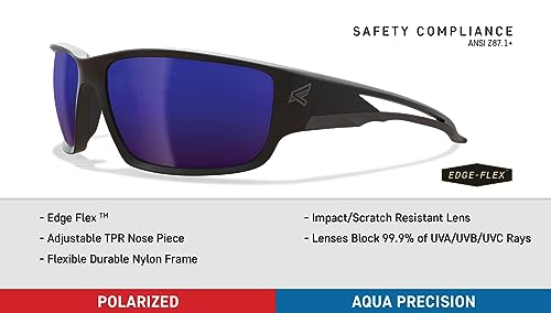 EDGE TSKAP218 Kazbek Polarized Wrap-Around Safety Glasses, Anti-Scratch, Non-Slip, UV 400, Military Grade, ANSI/ISEA & MCEPS Compliant, 5.04" Wide (Black Frame/Aqua Precision Blue Mirror Lens)