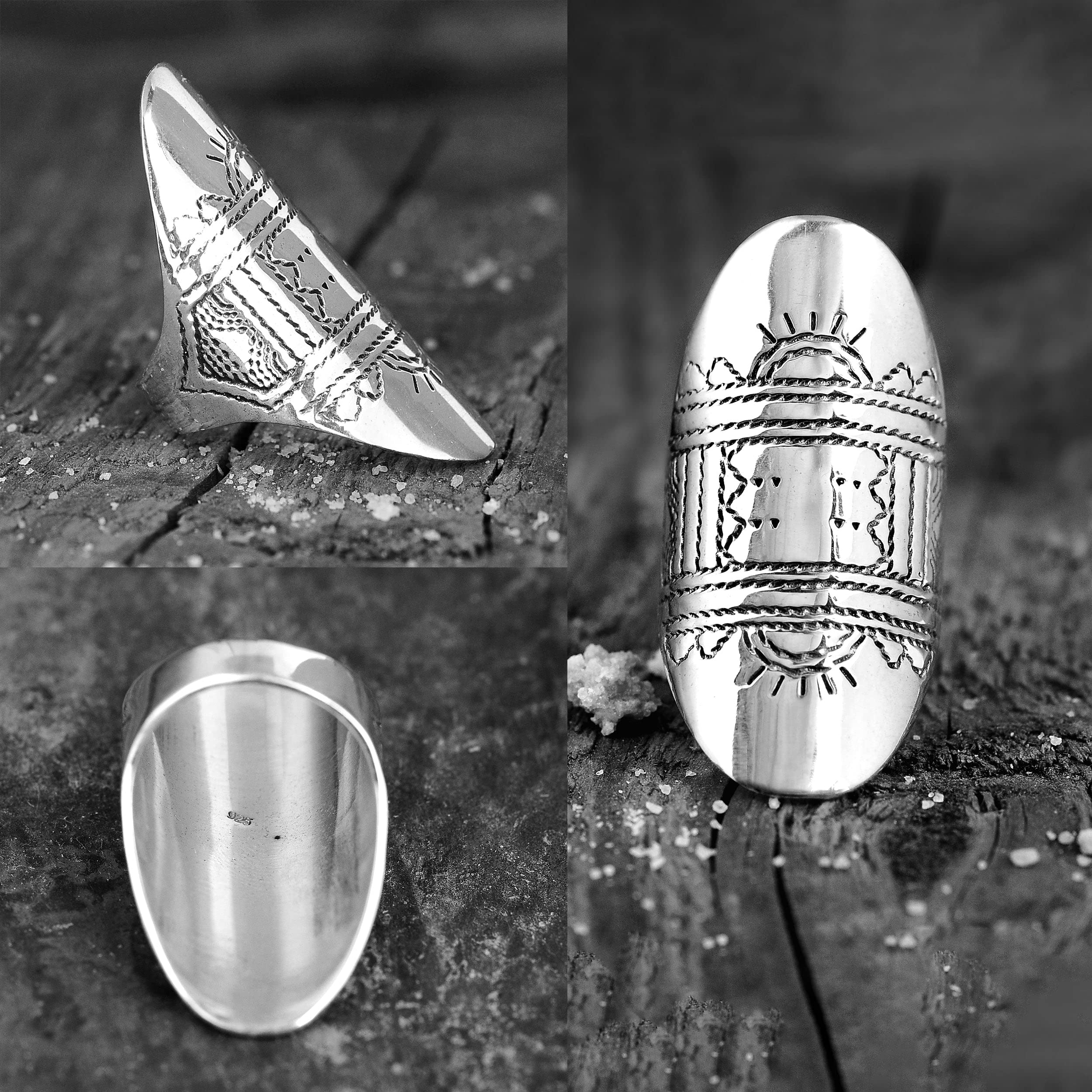 Boho-Magic Sterling Silver Statement Ring for Women Full Finger Long Engraved Jewelry (9)