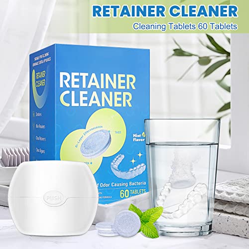 JSENA Denture Cleaning Tablets+UV Retainer Case Double Sterilization,Efficient Retainer Cleaning Tablets-60 Tabs,Collocation UVC Disinfectant Aligner Case, Clean Mouth Guard, Night Guard in 15 Minutes