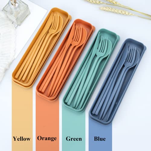 Reusable Travel Utensils with Case, 4 Sets Wheat Straw Portable Cutlery Set Chopsticks Knives Fork and Spoon Set for Lunch Box Accessories, Camping Utensil Set Flatware Sets for Daily Use or Outdoor