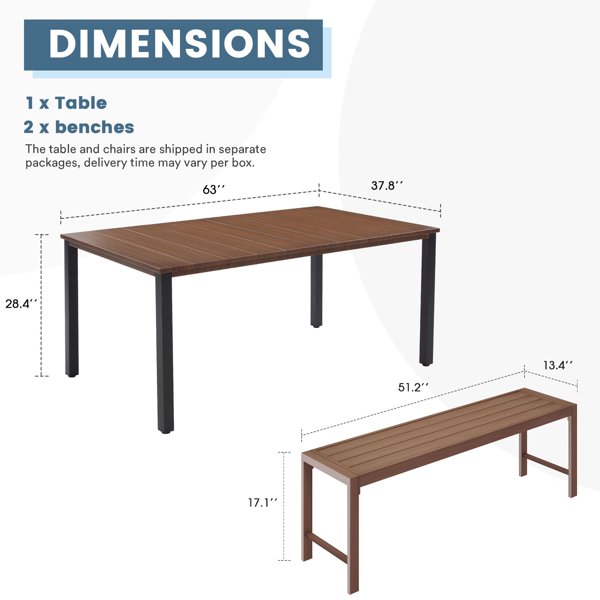 DIFY 3 Pcs Outdoor Furniture Set, Patio Dining Set with Metal Frame Rectangular Picnic Table and Outdoor Metal Backless Benches for Balcony, Poolside and Deck, Walnut