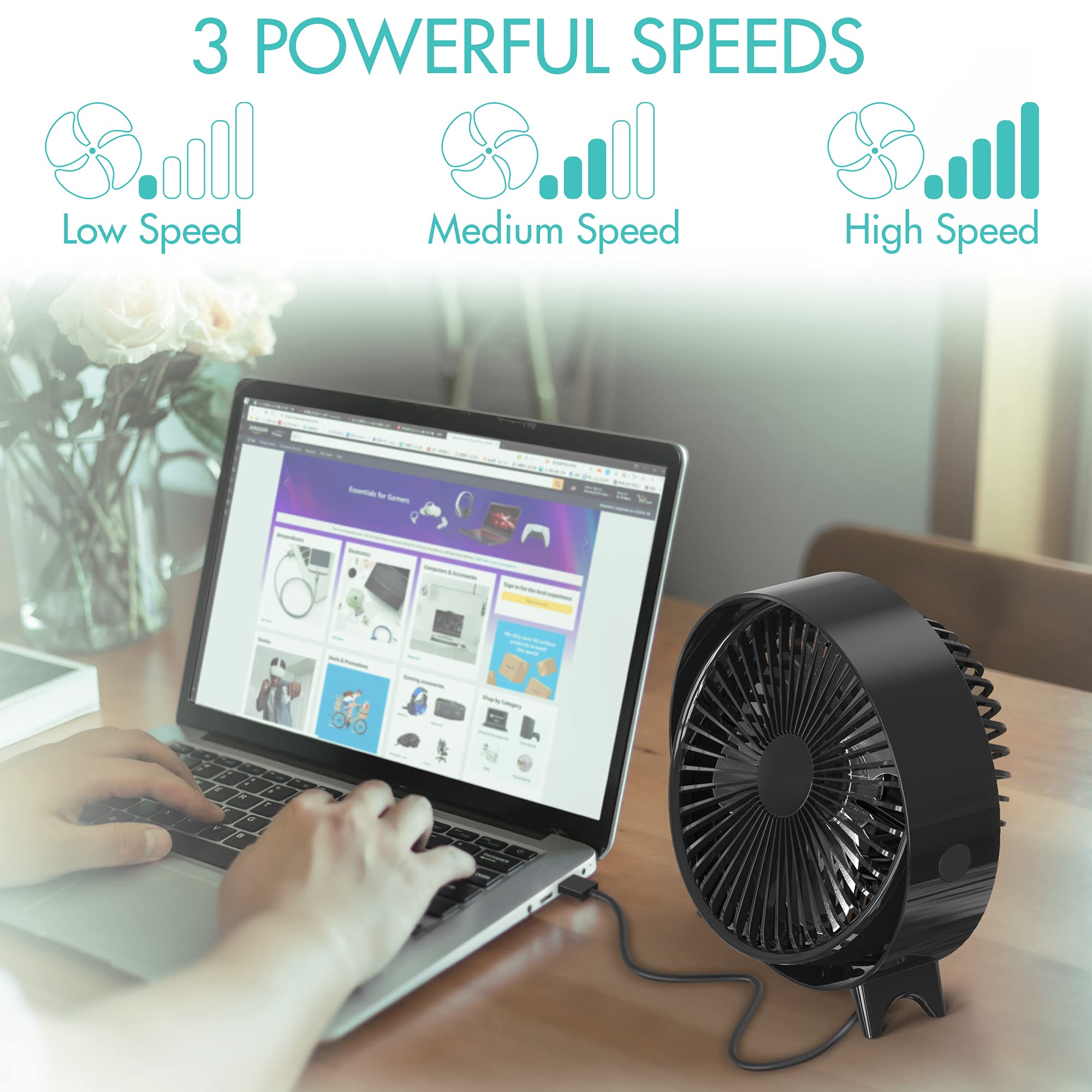 PFLANZENHAU 7.3 Inch USB Desk Fan, 360° Pivot, 3 Speeds, Quiet but Powerful, Portable Personal Table Fan for Better Cooling for Home Office Dorm Outdoor