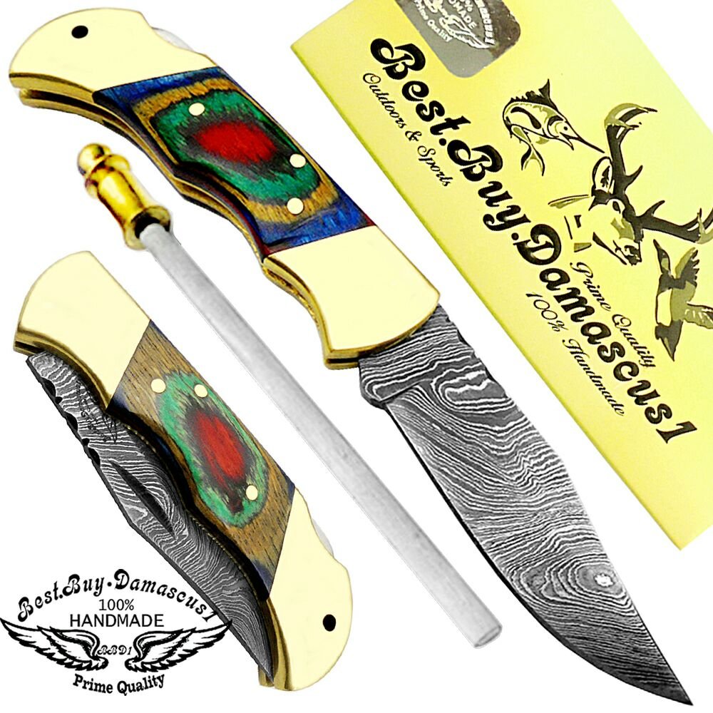Best.Buy.Damascus1 Multi Color Wood 5.5'' Custom Handmade Damascus Steel Double Brass Bloster With Sharpening Rod Folding Pocket Knife Back Lock Prime Quality Come With Leather Sheath
