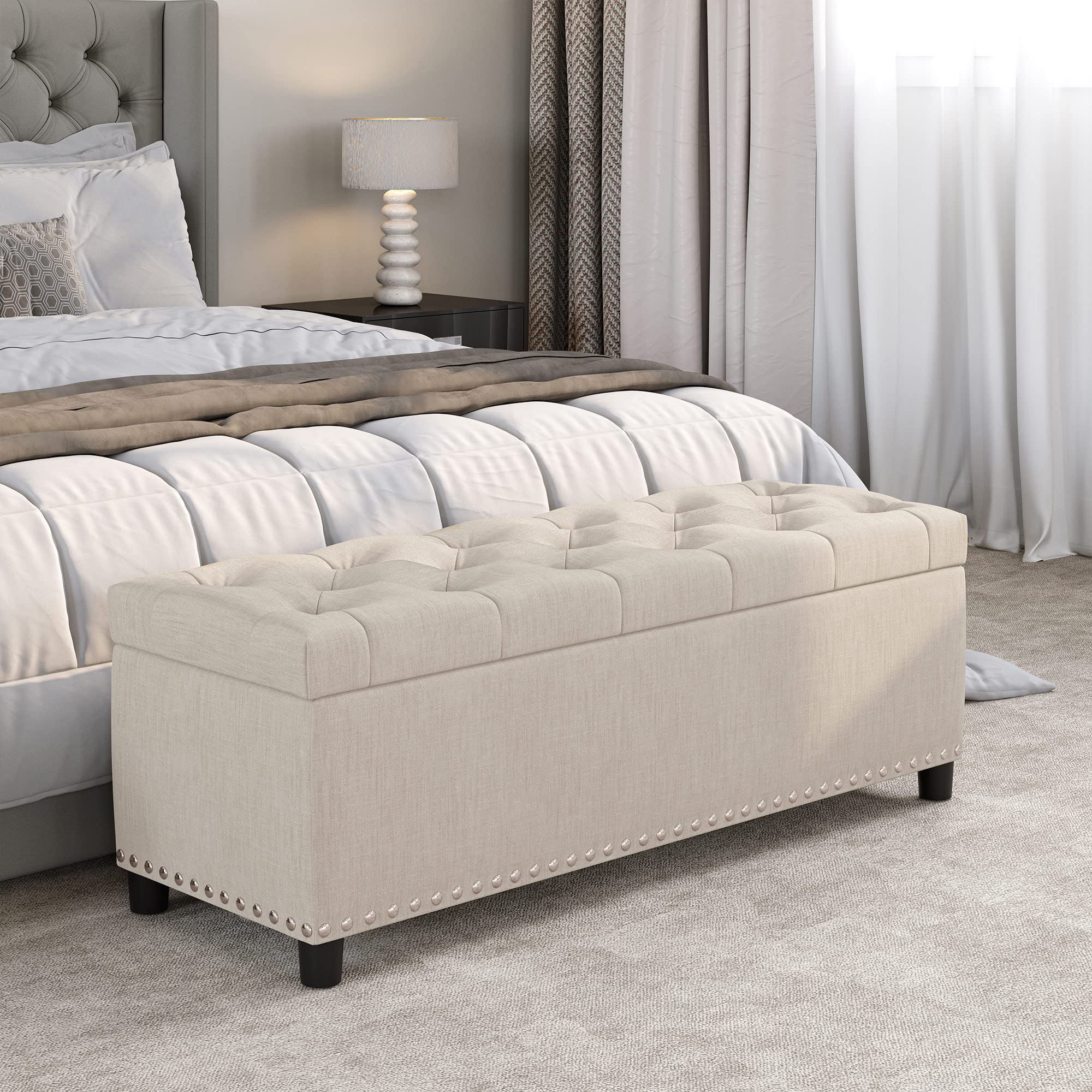 BELLEZE 47 Inch Storage Ottoman, Button-Tufted Ottoman Linen Storage Bench with Safety Close Hinge, Ottoman with Storage for Living Room, Entryway, Hallway, Foot Rest, Support 300lbs - Beige