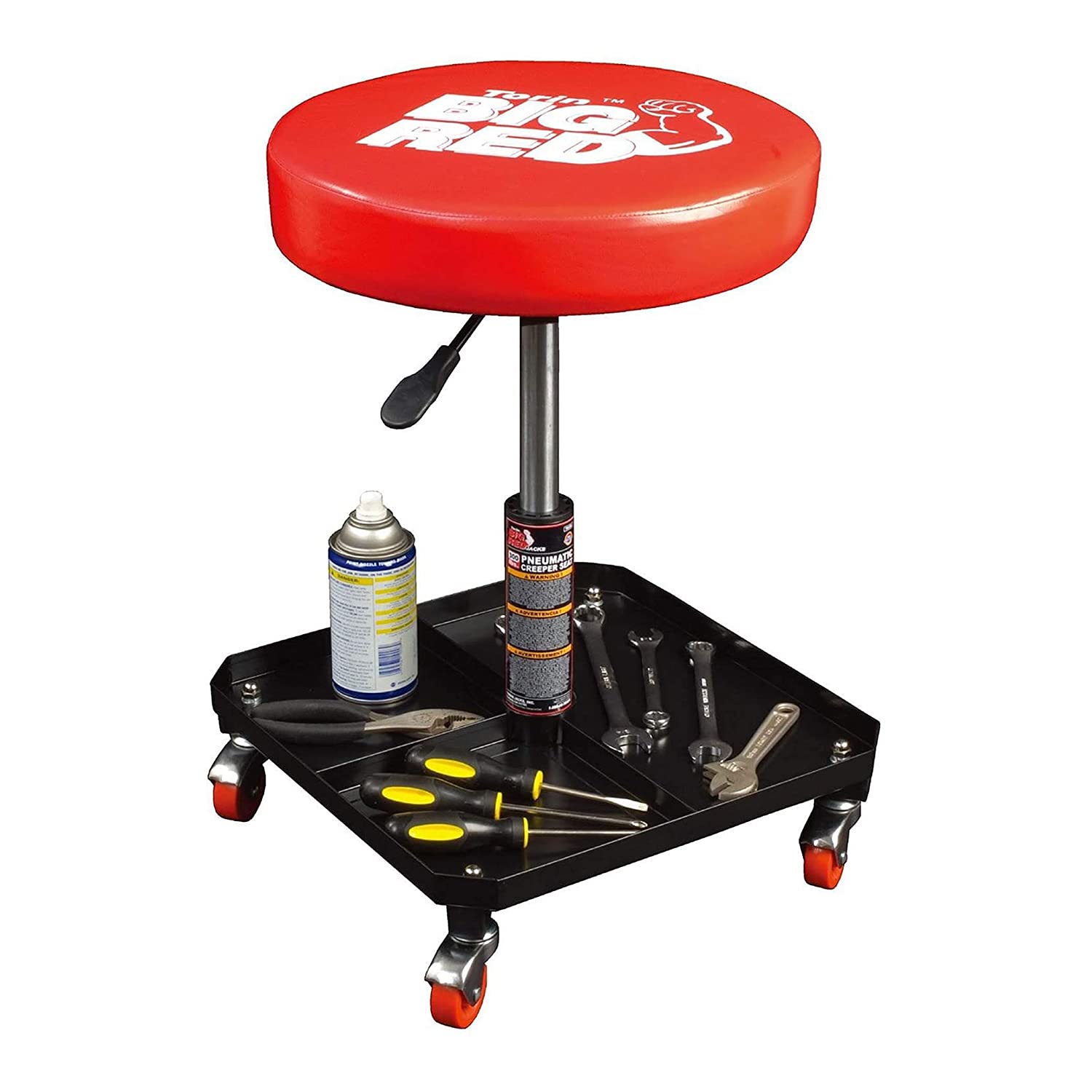 BIG RED TR6350 Torin Rolling Pneumatic Creeper Garage/Shop Seat: Padded Adjustable Mechanic Stool with Tool Tray Storage, Red Large