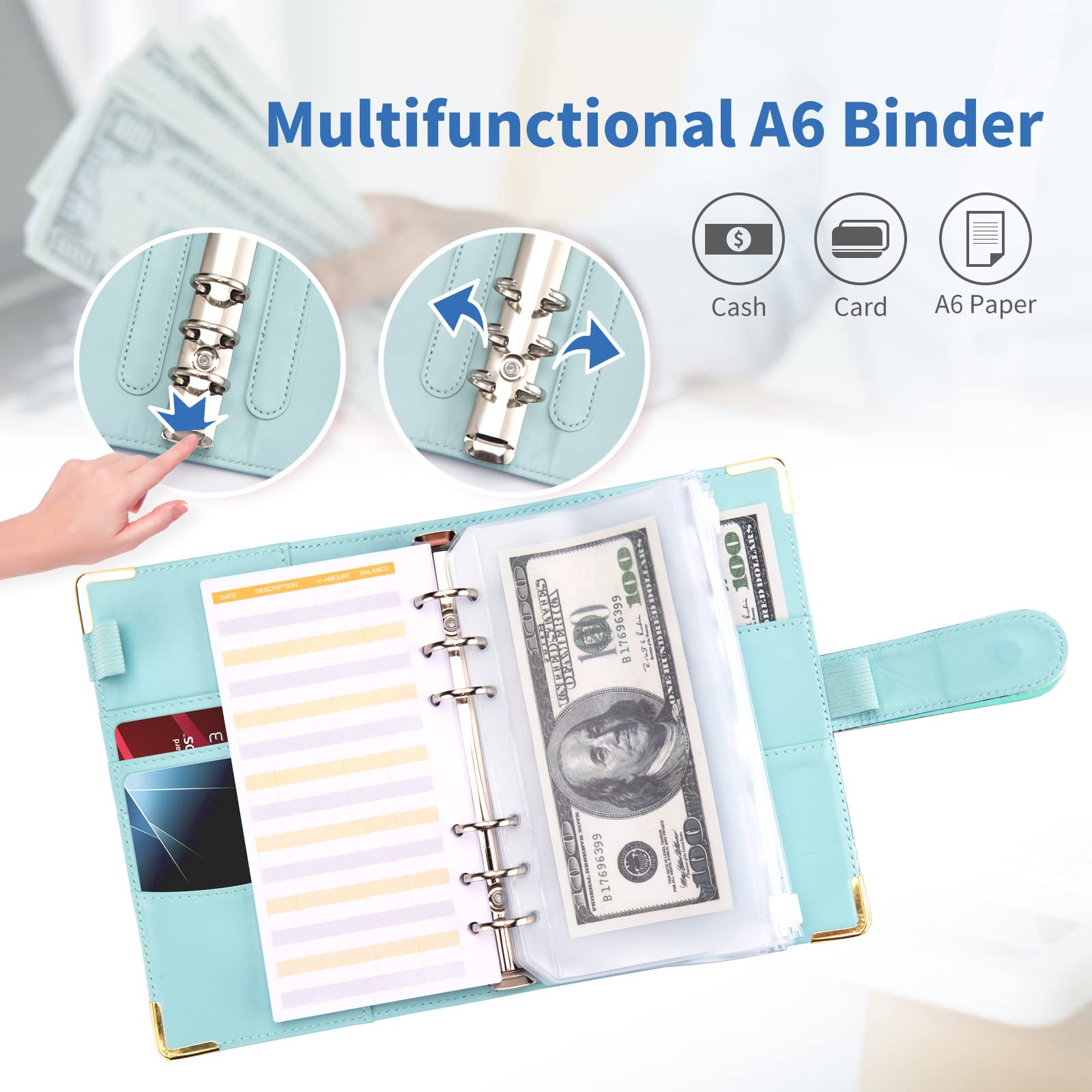 Budget Binder, A6 Marble PU Leather Binder, Money Saving Organizer/ Planner with 8 Zipper Cash Envelopes, 12 Expense Budget Sheets & 2 Letter Label Sticker for Budgeting