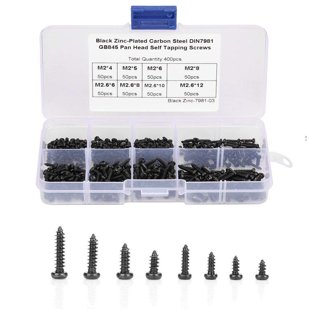 Black Self Tapping Screws,400Pcs Stainless Steel/Micro/Tiny/Mini Self-Tapping Screws, M2/M2.6 Phillips Pan Head Screws Kit for Laptop Computer Repair,Cross Recessed Wood Screws.