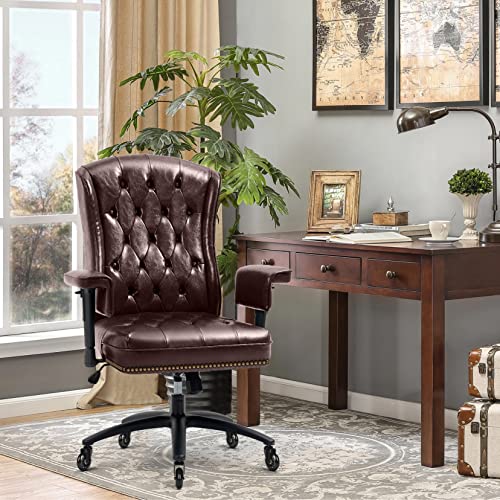 YAMASORO High Back Ergonomic Executive Office Chair with Wheels and Arms, Tufted Back & Nailhead Trim, Home Office Desk Chairs for Home & Office, Faux Leather Swivel Work Chair,Brown