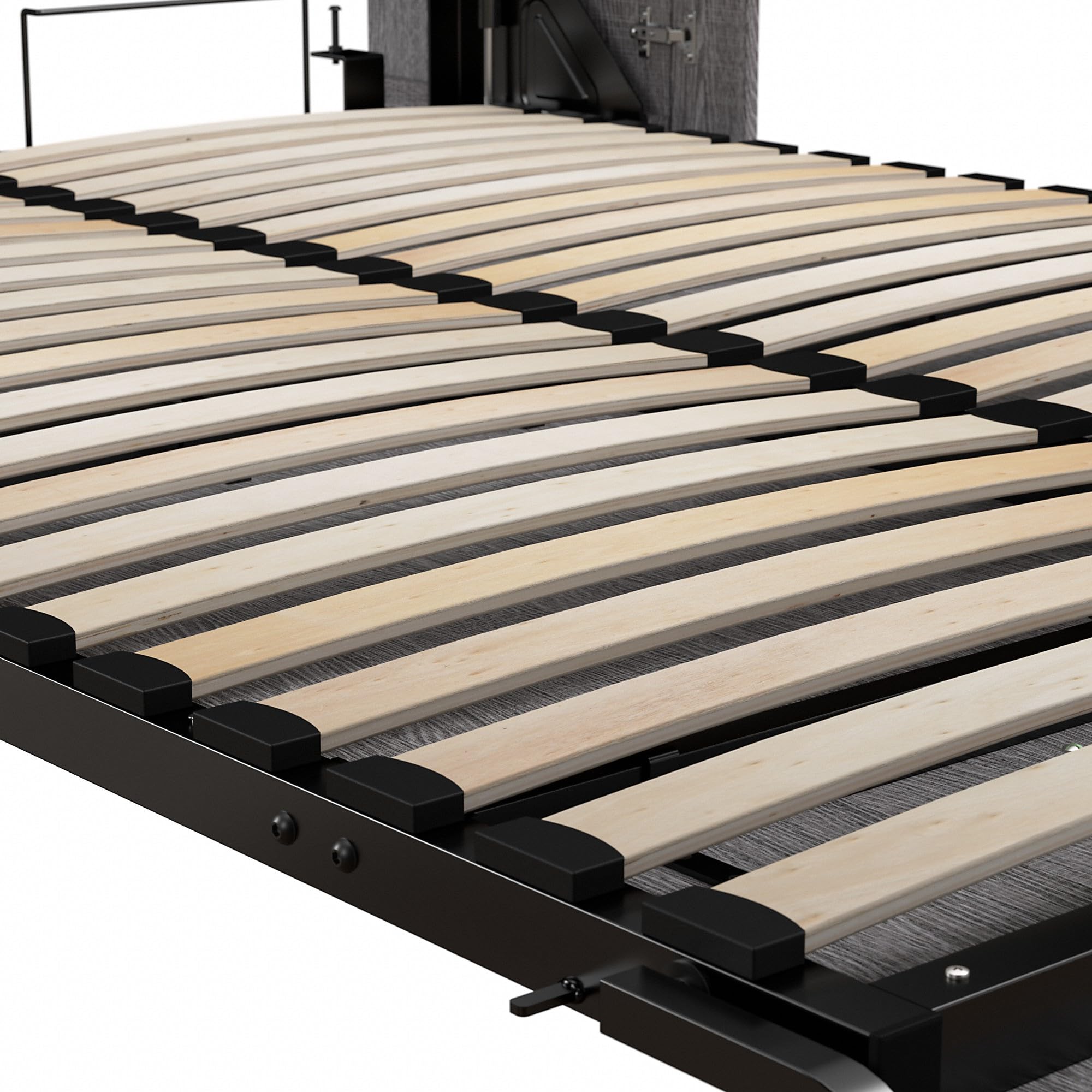 Bestar Orion Queen Murphy Bed with Storage Cabinets and Pull-Out Shelves (126W) in Bark Grey and Graphite, Sleeping Arrangement with Organization