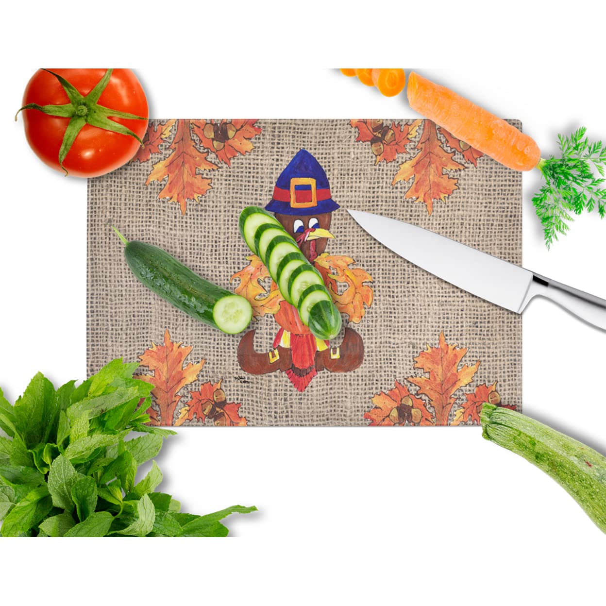 Caroline's Treasures 8743LCB Thanksgiving Turkey Pilgram Fleur de lis Glass Cutting Board Large Decorative Tempered Glass Kitchen Cutting and Serving Board Large Size Chopping Board