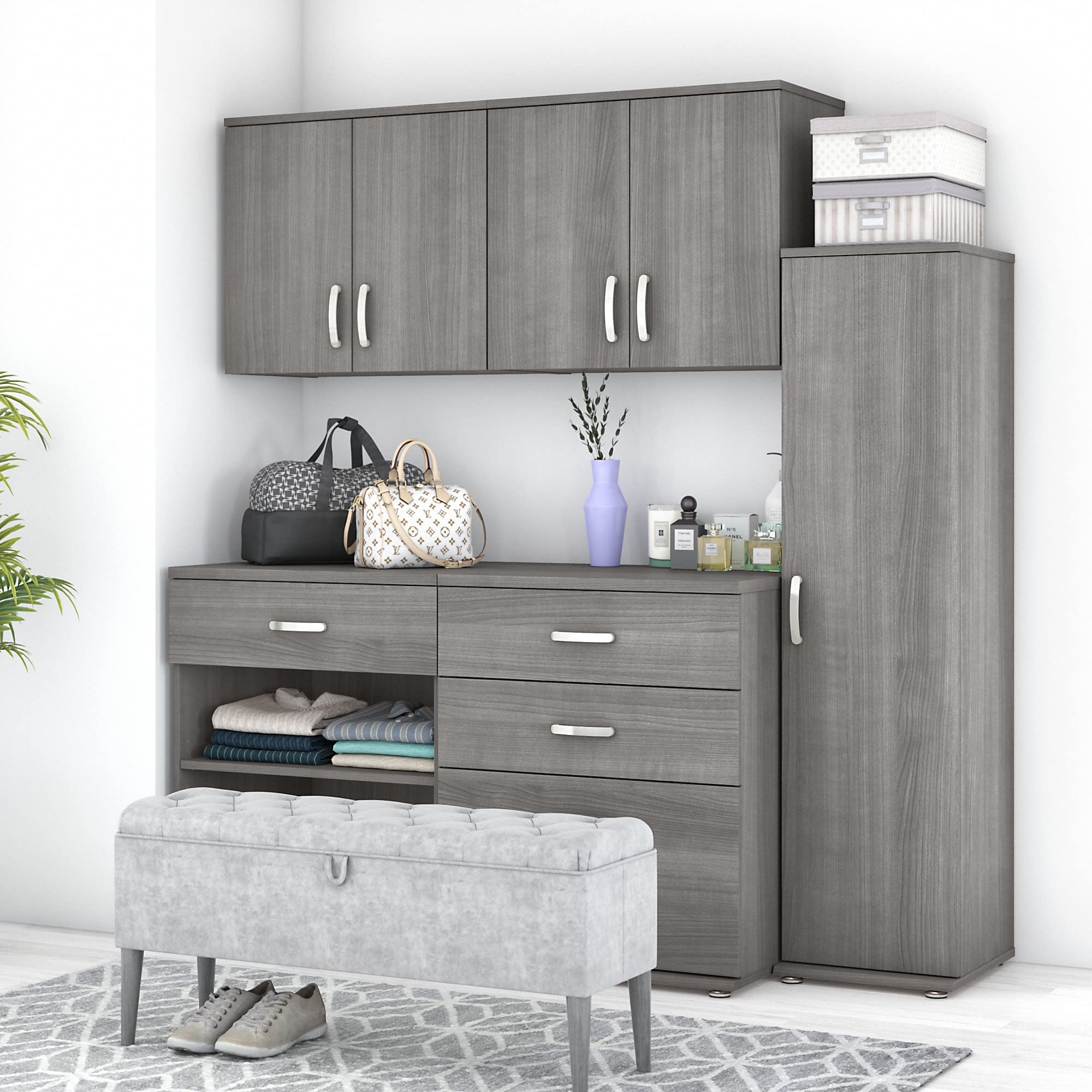 Bush Business Furniture Universal 5 Piece Modular Closet Storage Set with Floor and Wall Cabinets, Platinum Gray