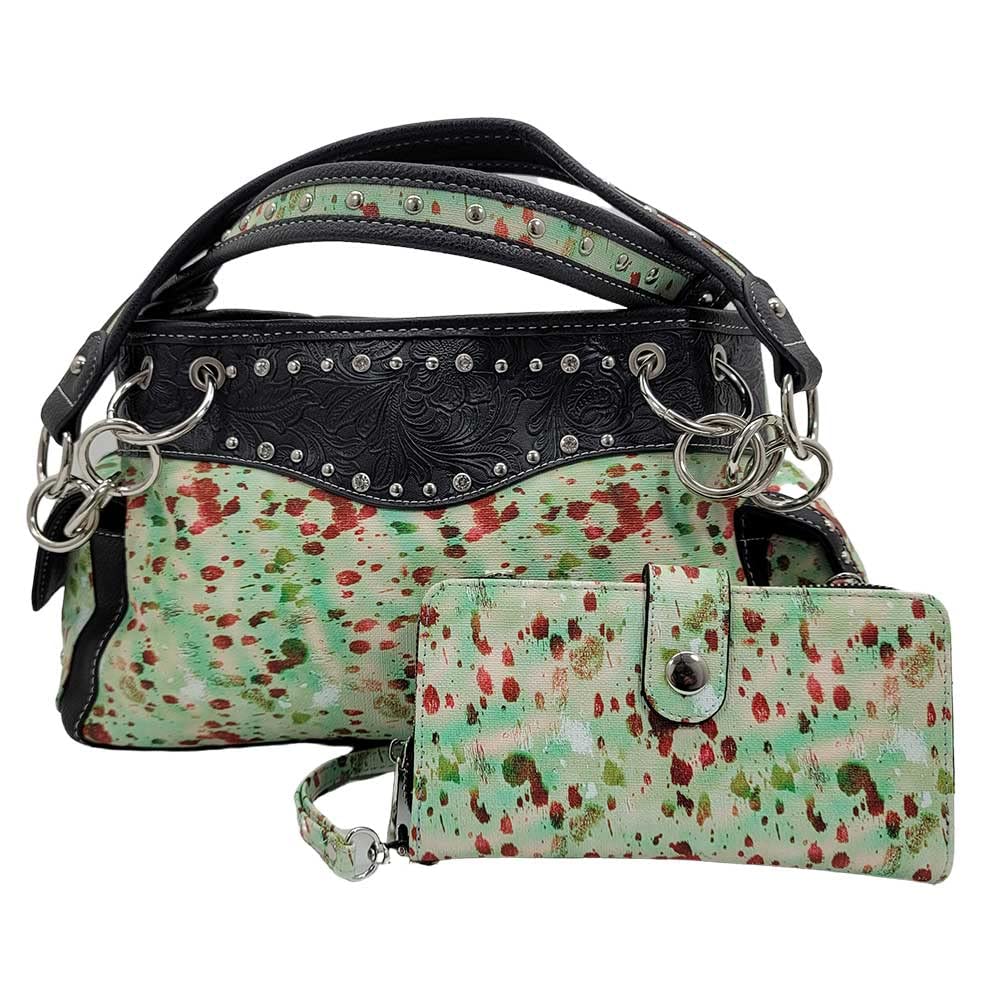 BHW COWPRINT HANDBAG AND WALLET SET WESTERN SUNFLOWER PRINT PURSES WESTERN BOOT BAG (BUTTERFLY)