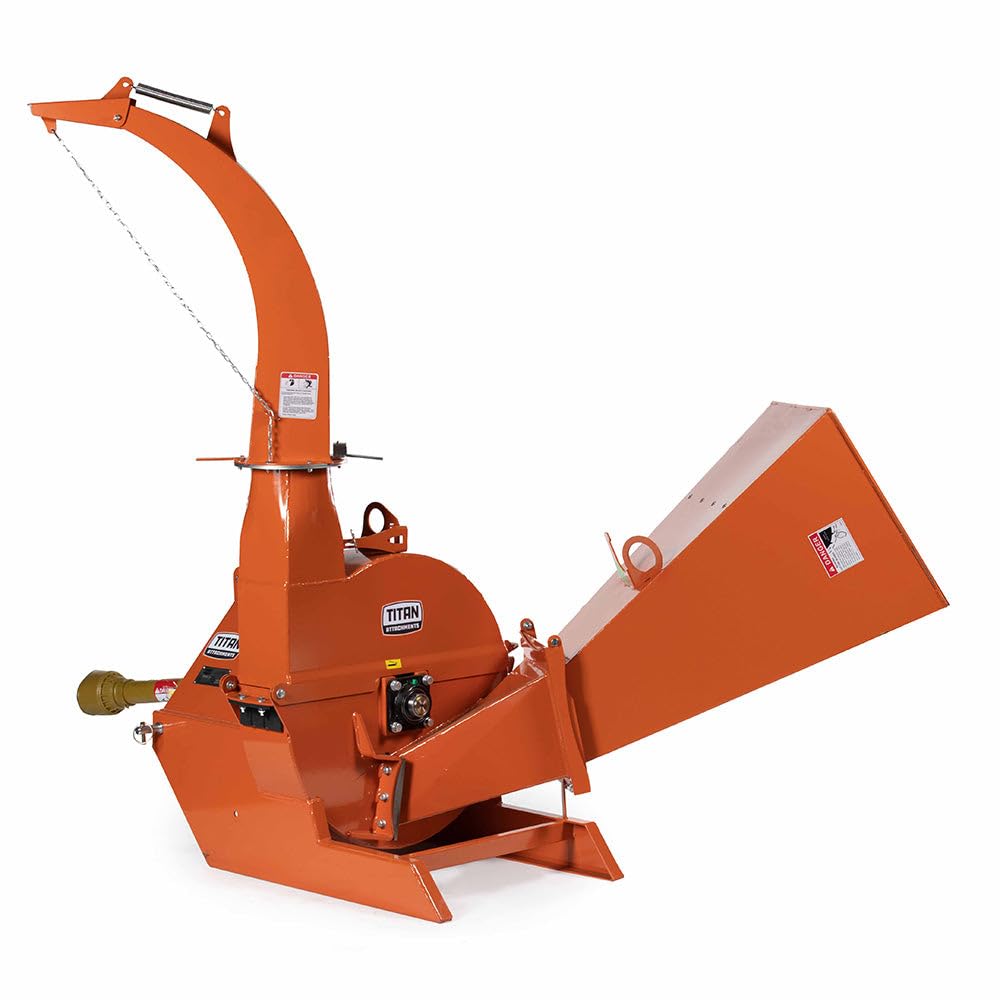 Titan Attachments 3 Point Wood Chipper, PTO Driven for Tractors Up to 70HP, 3 Point Hitch Mounting, Self-Feeding Chute, Adjustable Discharge, Reversible Blades, Shredder Mulcher Operates at 540 RPM