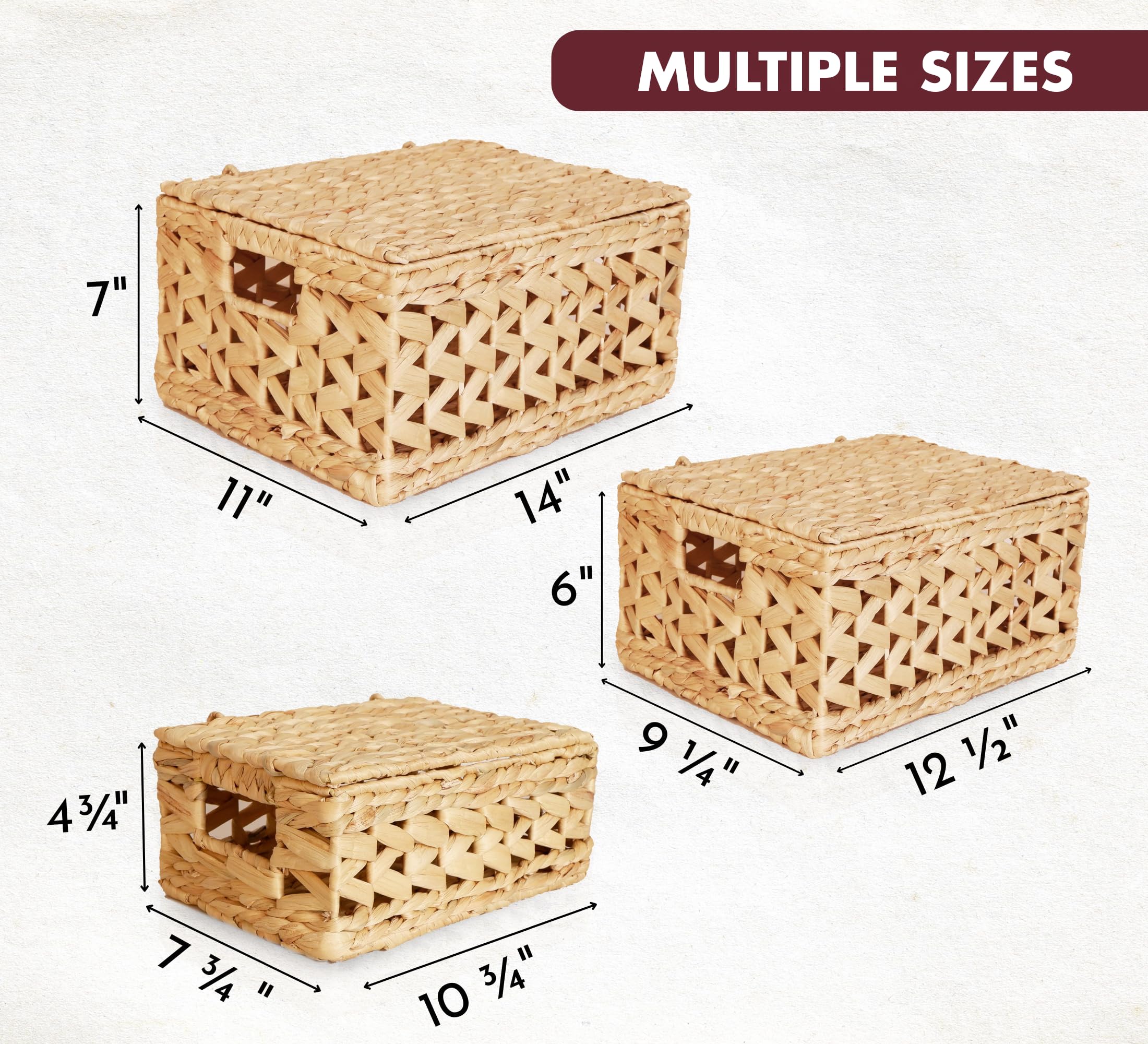 CHI AN HOME 14 Inch Wicker Storage Baskets with Lids, Set of 3 Rattan Lidded Hyacinth Baskets for Organizing, Woven Large Rectangular Basket Boxes, Basket with Top, Decorative Chest Organizer