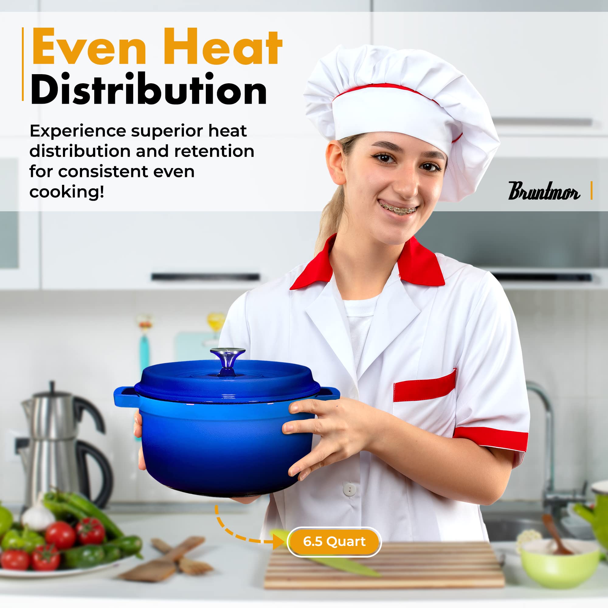 Bruntmor Pre-Seasoned 6.5 qt Enameled Cast Iron Round Dutch Oven, 6.5 Quart Dutch Ovens Pot With Lid And Handle, Heavy Duty Casserole Dish, Hand Wash Only, Red