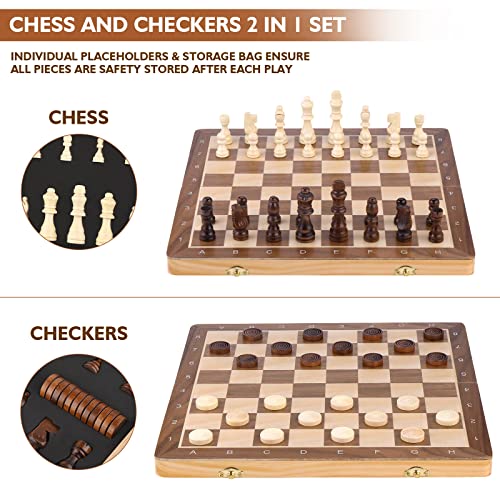 Peradix 15" Wooden Chess and Checkers Set, Magnetic Chess Sets - 2 Extra Queens, 2 in 1 Board Games with Folding Board and Chessmen Storage Slots, Beginner Chess Set for Adults Kids, Gift Box Packed